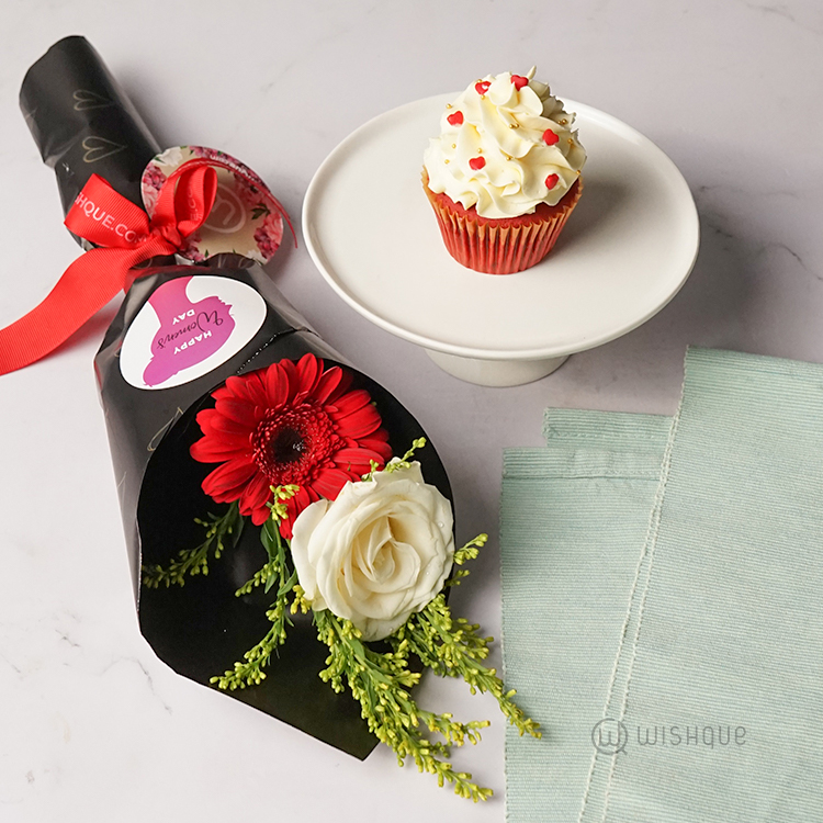 Floral Cascade Posy With Red Velvet Cupcake For Women's Day - Gifts For ...