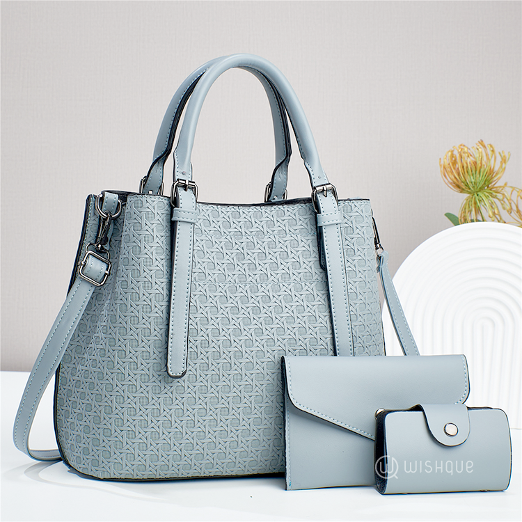 Light Blue Diamond Plaid Design Embossed Handbag - Handbags | Wishque