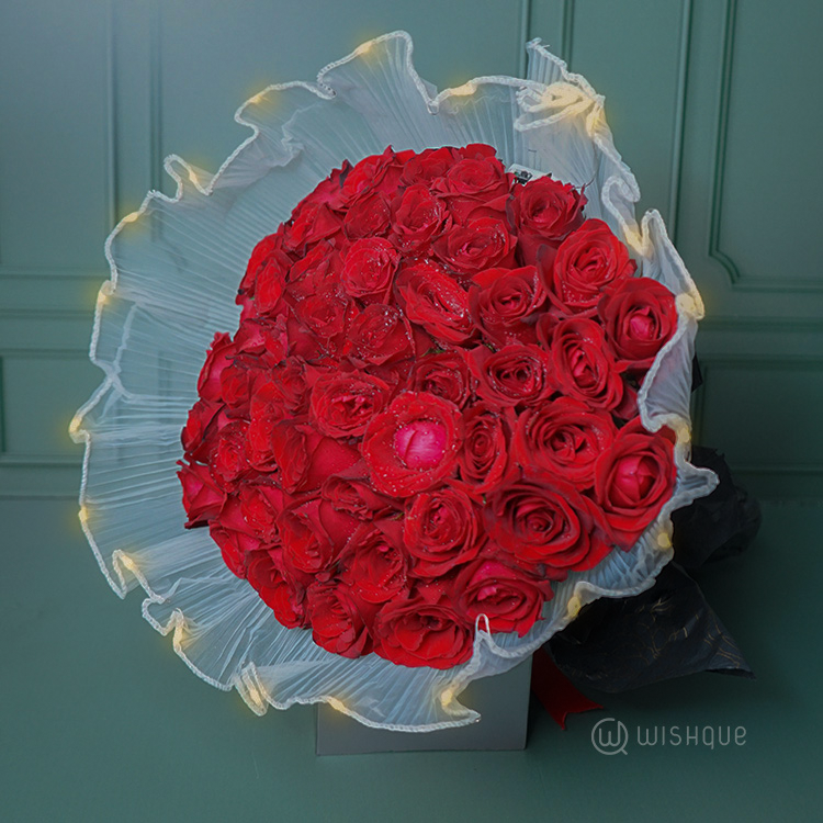 50 Fresh Red Rose Bouquet with Fairy Lights - Rose Arrangements | Wishque