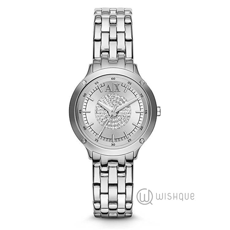Armani ExchangeÂ Ladies Stone Set Silver Bracelet Dress AX5415 Watch ...