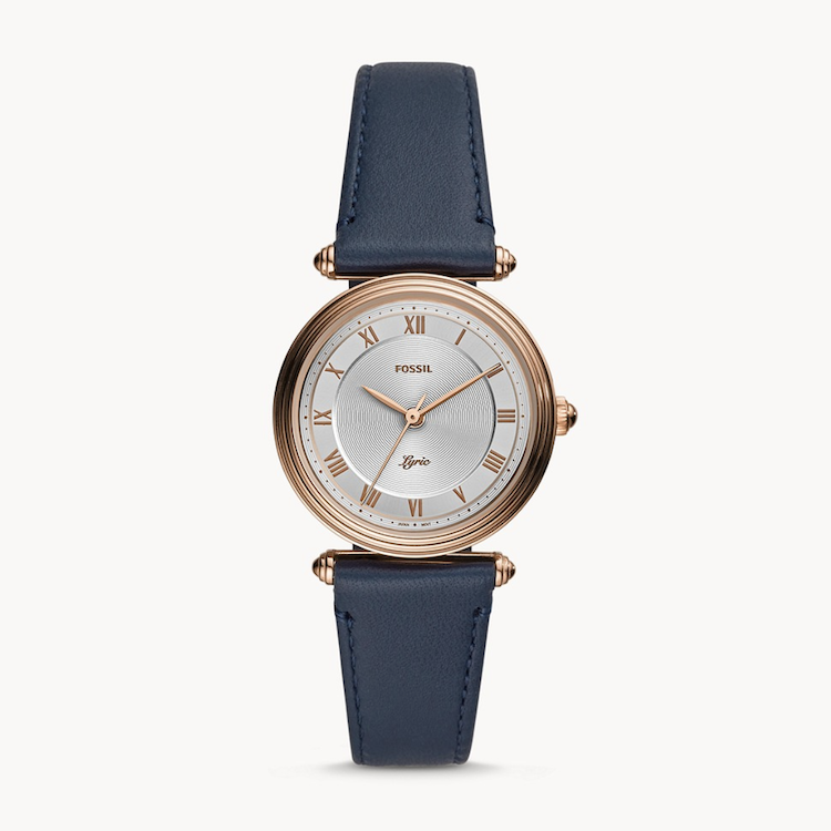 Fossil Lyric Three-Hand Navy Leather Ladies Watch ES4708 - Wishque ...